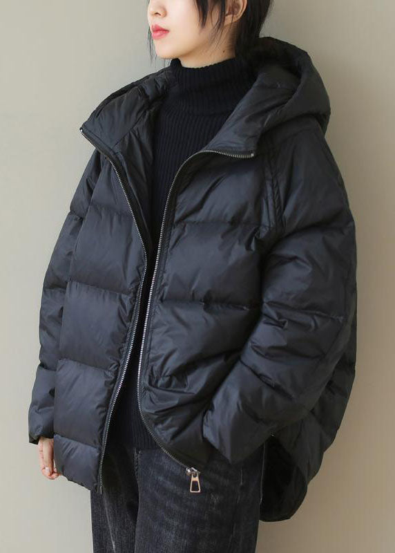Italian Black Hooded Zip Up Fine Cotton Filled Parka Jacket Winter ...