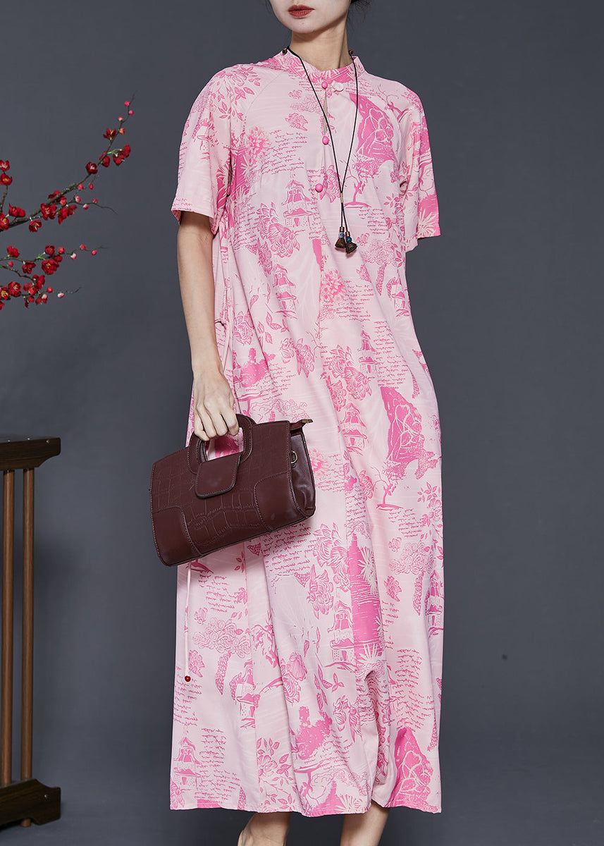 Modern Pink Mandarin Collar Print Silk Vacation Dresses Summer – MyPlusWear