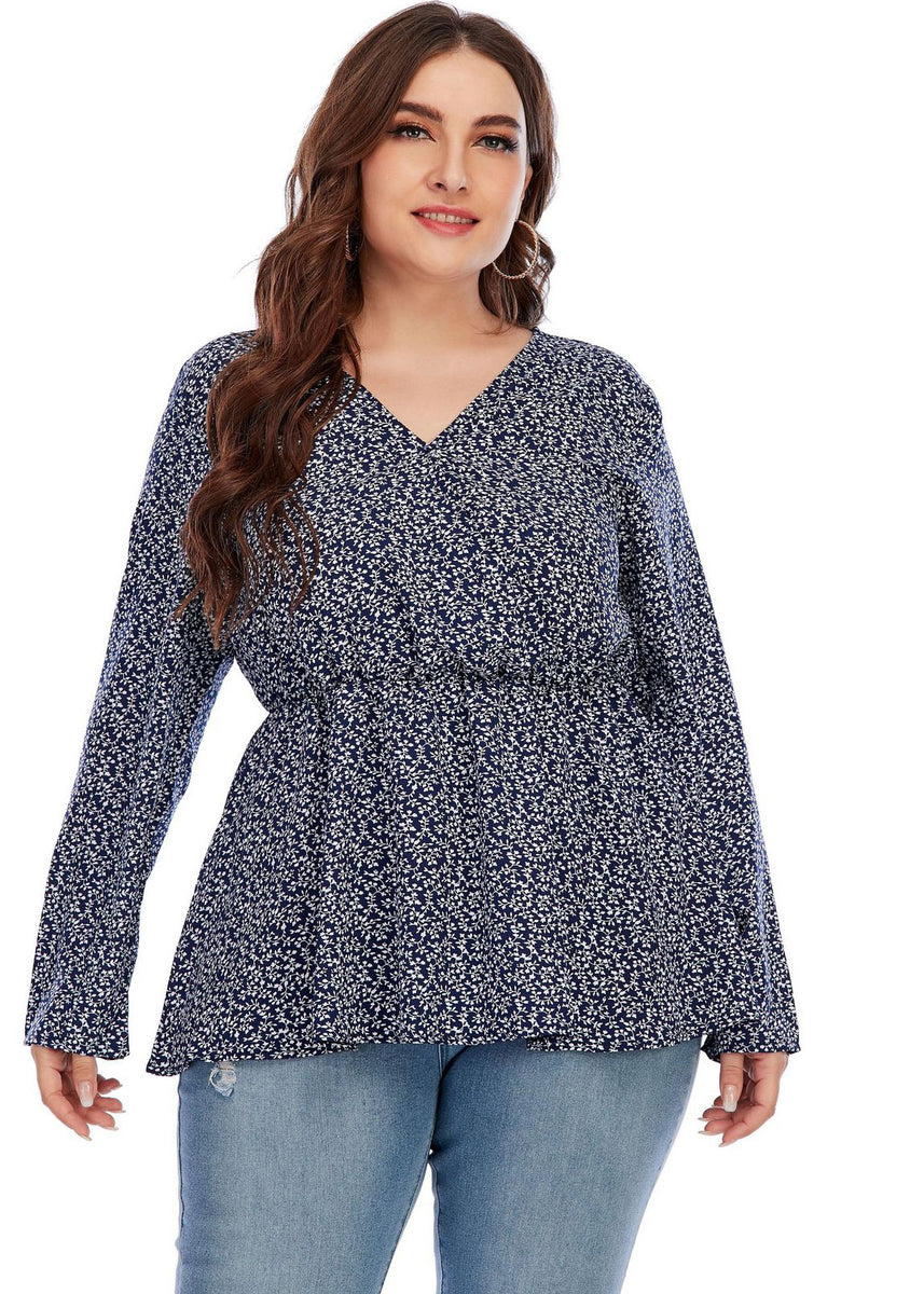French Blue Print Wrinkled Chiffon Shirt Fall – MyPlusWear