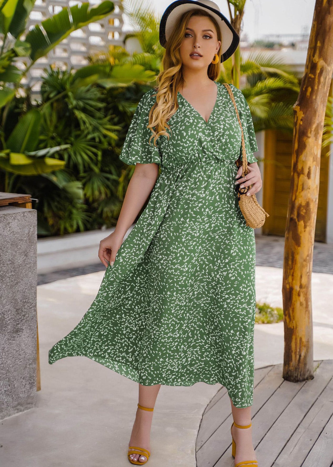 French Green Print Wrinkled Long Dresses Short Sleeve – MyPlusWear
